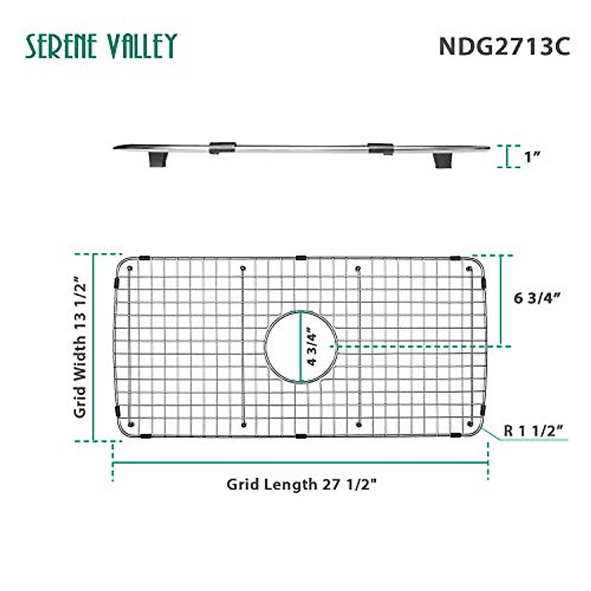 Serene Valley Sink Bottom Grid 27-1/2" x 13-1/2", Centered Drain with Corner Radius 1-1/2", Sink Grids Stainless Steel NDG2713C