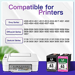 Economink Remanufactured Ink Cartridge Replacement for HP Ink 63 Compatible with OfficeJet 3830 5255 5258 4650 4652 4655 Envy 4520 4512 4513 4516 DeskJet 1112 2130 3630 3632 3634 2130 2132 Printer
