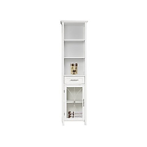 Teamson Home Delaney Wooden Freestanding Floor Linen Cabinet with 1 Drawer 3 Adjustable Shelves 6 Storage Spaces and 1 Tempered Glass-Paneled Door, White