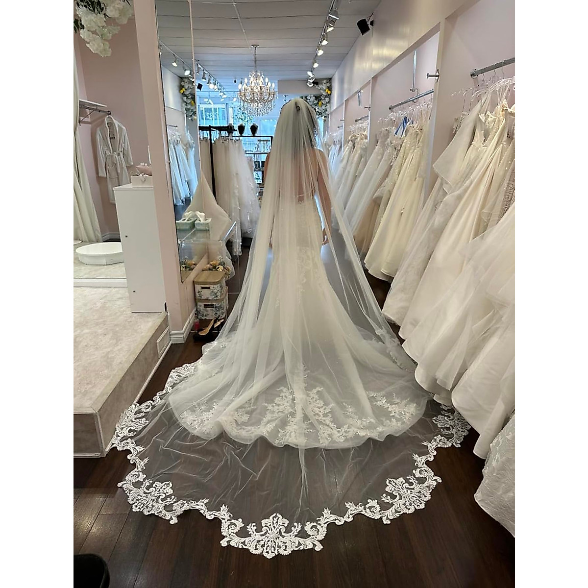 EllieWely 1 T Cathedral Length Floral Lace Appliques Wedding Bridal Veil Ivory