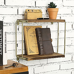 MyGift 2-Tier Burnt Wood Wall Mounted Display Shelves with Vintage Brass Metal Frame