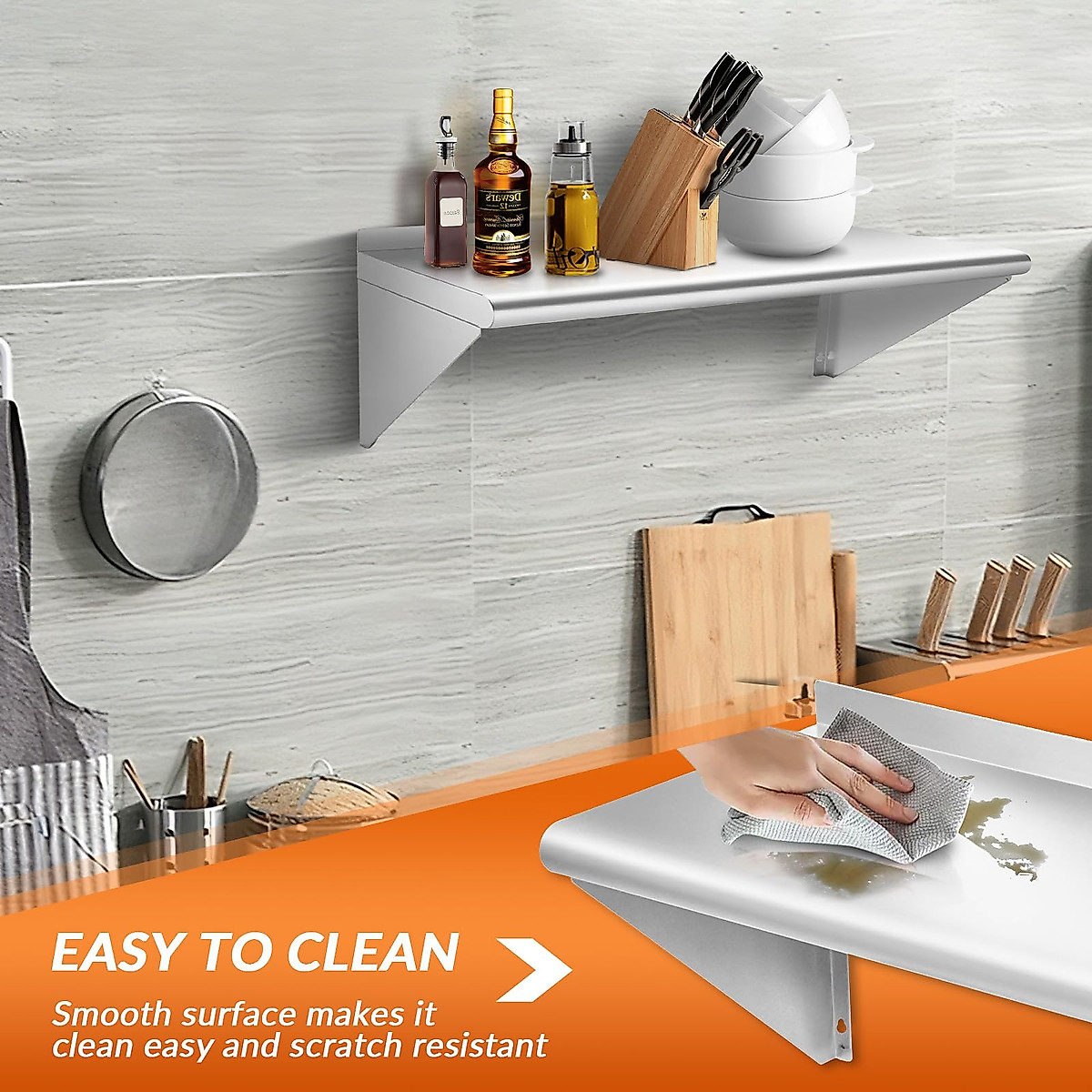 HOCCOT Commercial Stainless Steel Shelf 12 x 48” 2 Pack, Wall Mounted Food Service Storage Rack Shelves, Heavy Duty 300 lb Metal Shelf for Kitchen, Restaurant, Food Truck, Garage, Laundry Room