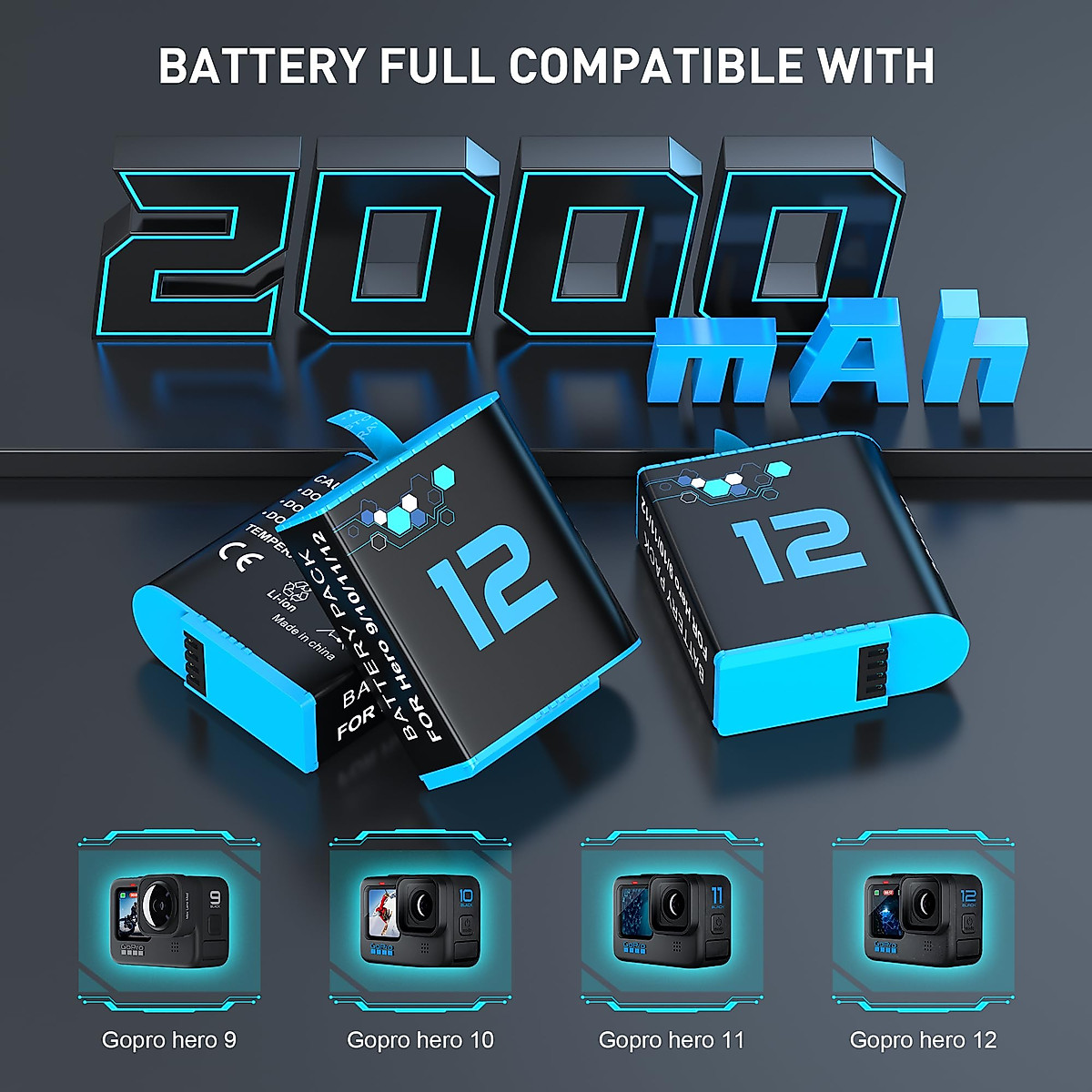 TOMSHEIR 2000mAh (3-Pack) Batteries for GoPro Hero 9/10/11/12 and 3-Channel Storage Charger Fully Compatible with Gopro Hero 5/6/7/8 9/10/11/12 Official Battery