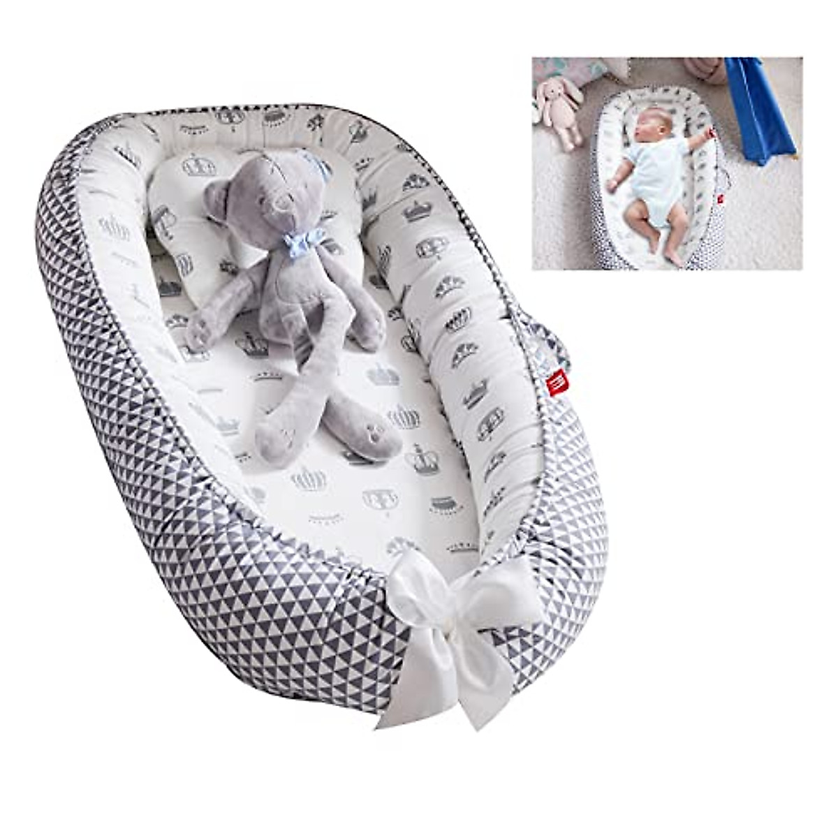 Vohunt Baby Lounger for Newborn,100% Cotton Co-Sleeper for Baby in Bed with Handles,Soft Newborn Lounger Adjustable Size & Strong Zipper Lengthen Space to 3 Tears Old(Triangular Crown)