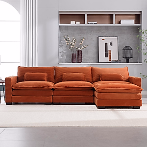KIVENJAJA Corduroy Cloud Sectional Couch, Modern Comfy Modular L-Shaped Sectional Sofa with Ottoman, Cup Holders & USB Port for Living Room Apartment, 117.7”W, Orange