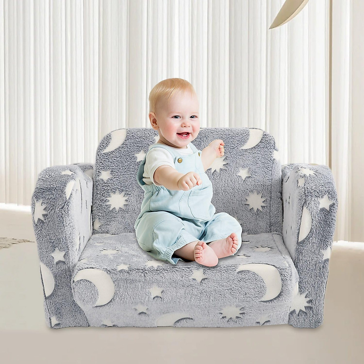 Snowmini Kids &Toddler Couch,Kids Sofa Couch Fold Out,Toddler Chair for Kid 2 in 1,Convertible Sofa to Lounger for Playroom,Baby Couch with Glowing at Night,Grey