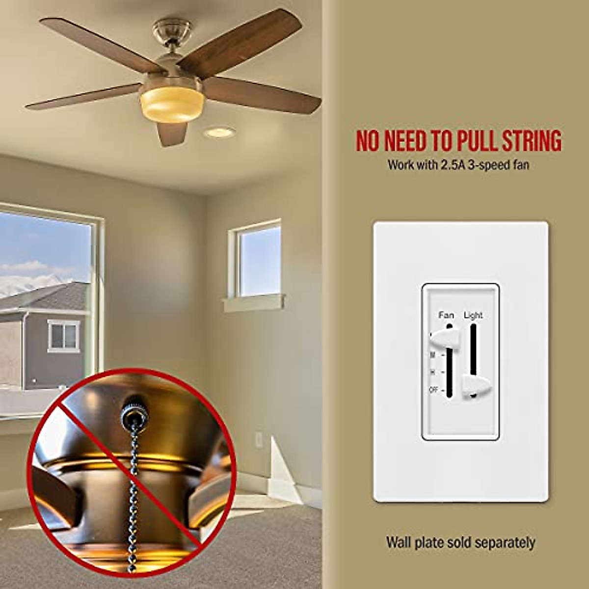 ENERLITES 3 Speed Ceiling Fan Control and LED Dimmer Light Switch, 2.5A Single Pole Light Fan Switch, 300W Incandescent Load, No Neutral Wire Required, 17001-F3-W, White
