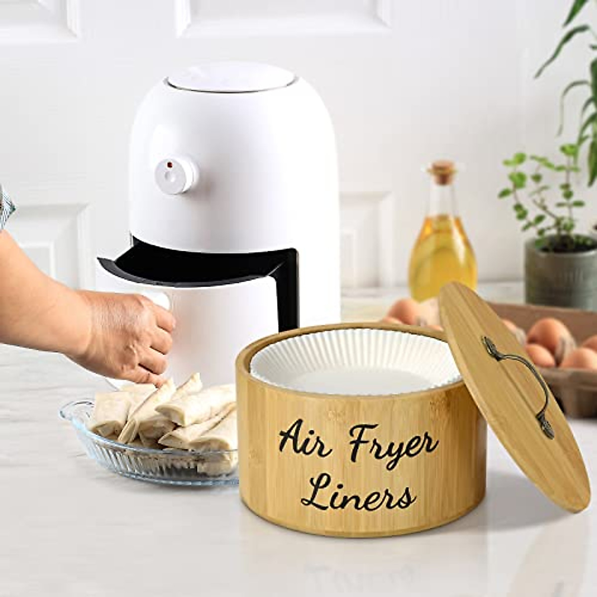 Air Fryer Disposable Paper Liner Holder Organizer, Bamboo Storage Organizer Bin Box for Cabinet, Pantry, Kitchen, Storage Container with Lid for Air Fryer Liners Air Fryer Parchment Paper