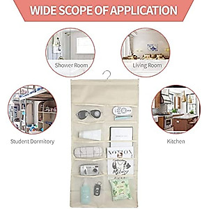 LCXPEI Closet Hanging Organizer Mesh Pockets and Rotating Metal Hanger, Oxford Cloth Space Saver Bag, Dual-Sided Hanging Storage Organiser for Underwear, Panties ,Bra and Sock(Beige, Expand 5+10 Pockets)