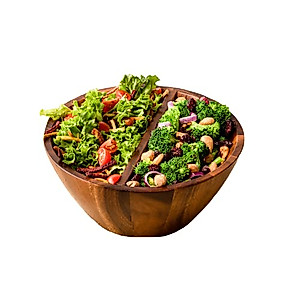 EVERGRO SEQUOIA & CO. Wooden Salad Bowl - Small 9.5” Wood Serving Bowl for Salad, Fruit, or Snack - Acacia divided Wooden Bowls - Wood Salad Bowl for Rustic, Modern Home & Kitchen Counter Décor