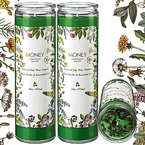 MTLEE 2 Pcs Money Scented Spell Candles Soy Herbal Money Candle with Herbs and Essential Oils Green Cash Candle for Wealth Abundance Prosperity Ritual Getting a Cash Flow Boost