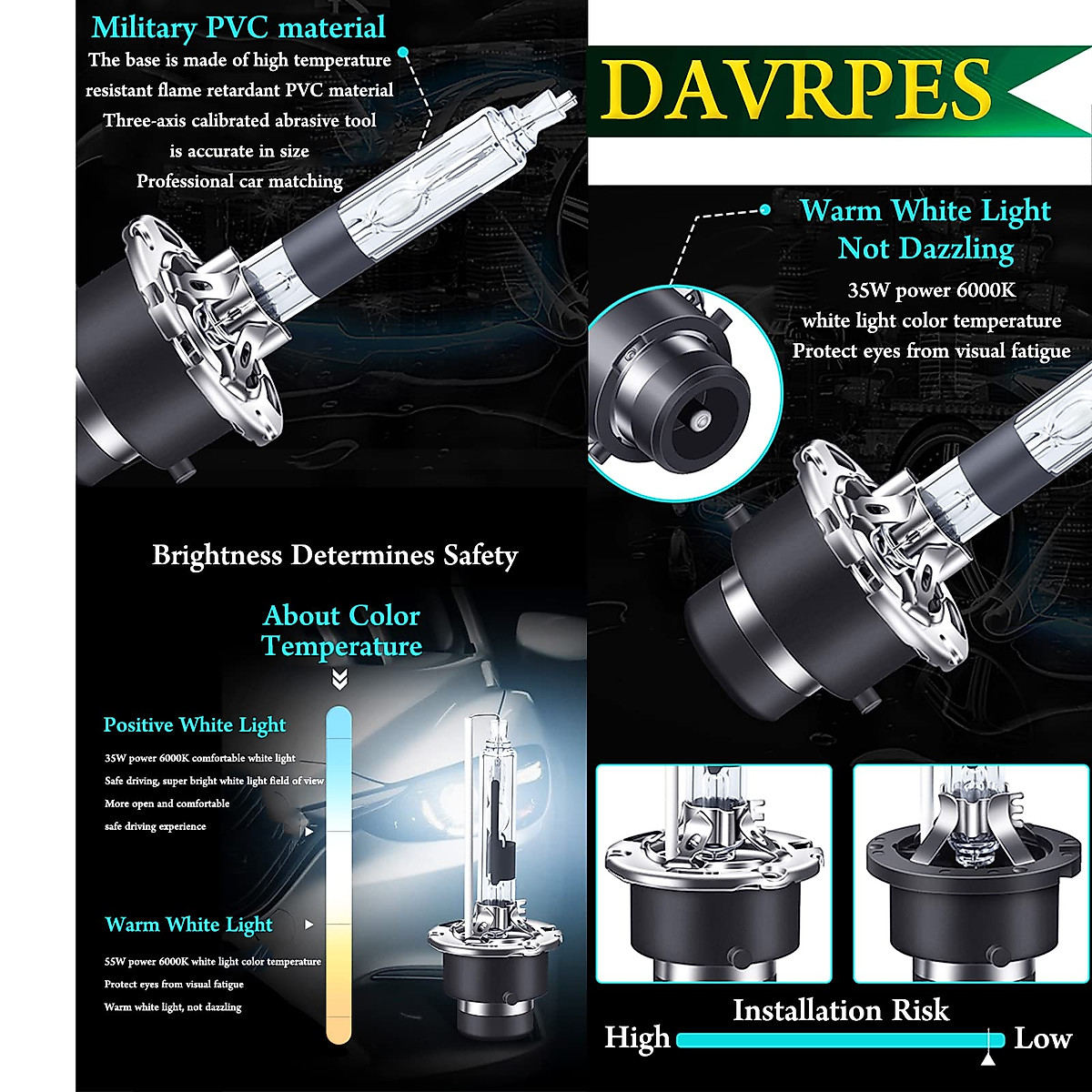DAVRPES D4S 35W Xenon Headlight HID Bulbs 6000K Cool White 66440 42402 42402WX Replacement - Pack of 2