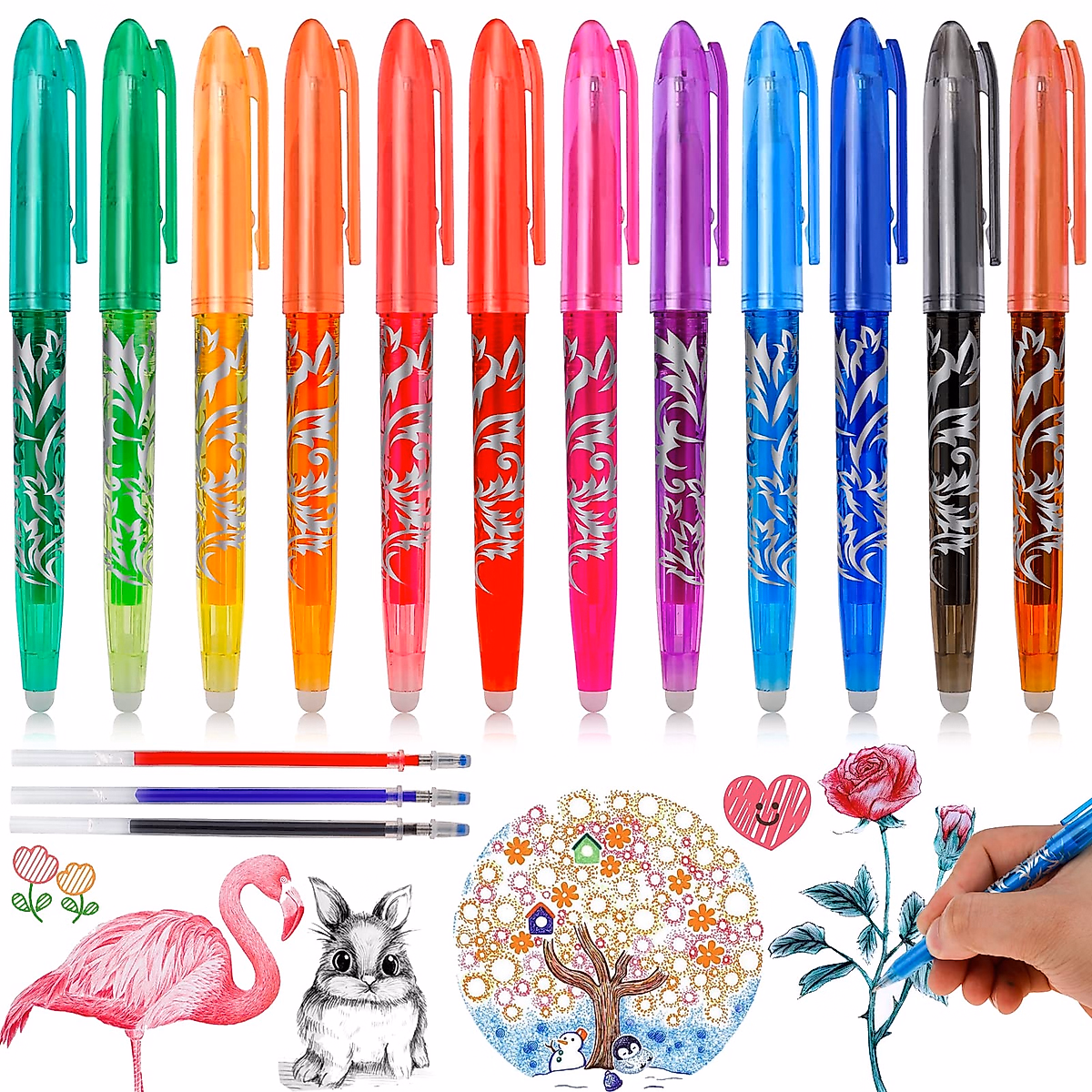 Zayvor 12 Color Erasable Colored Gel Pens Rollerball Pens, 3 Refillable Pen, Eraseablenpens Rolling Ball Pens Eraser Pen Multicolor Black, Fine Point 0.7mm, Drawing Pens Writing Pen With Eraser