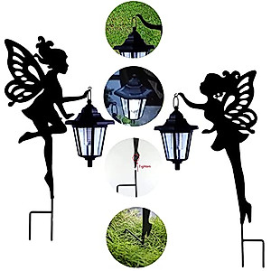 2 Pack Metal Fairy Solar Light Outdoor Decoration, Fairies Hanging Lantern with Ground Stakes Garden Decor, Black Decorative Sign Statue Silhouette Lamp for Outside Lawn, Patio Balcony Yard, Courtyard
