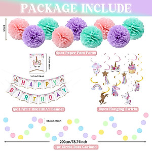 Unicorn Birthday Decorations, Happy Birthday Banner,9pcs Tissue Paper Pom Poms,10pcs Hanging Swirls,Macaron Circle Dots Garland for Unicorn Party Decorations, Girls Birthday Party Decorations