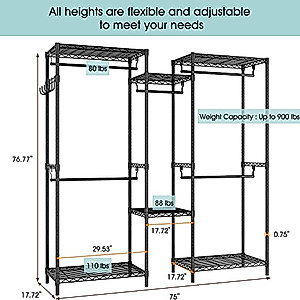 Amyove Clothes Rack Heavy Duty Garment Rack Portable Wardrobe Closet with Adjustable Shelves, Hanging Rods, Side Hooks for Hanging Clothes, Freestanding & L-shaped Closet (0.75 inch Diameter, Black)