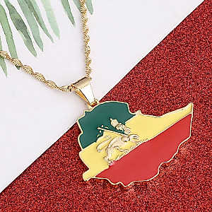Ethiopian Flag Lion Map Pendant Necklace for Women Men Jewelry Map Chain (Gold Color)