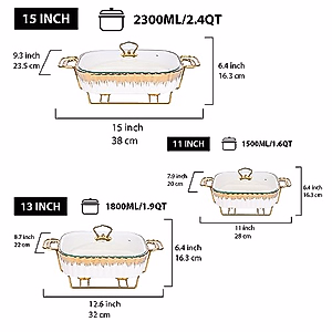 Rectangular Porcelain Casserole Warming Trays for Food, Ceramics Chafers, and Buffet Warmers Sets, Gold Plating Serving Dishes (Small 1.6 quarts)