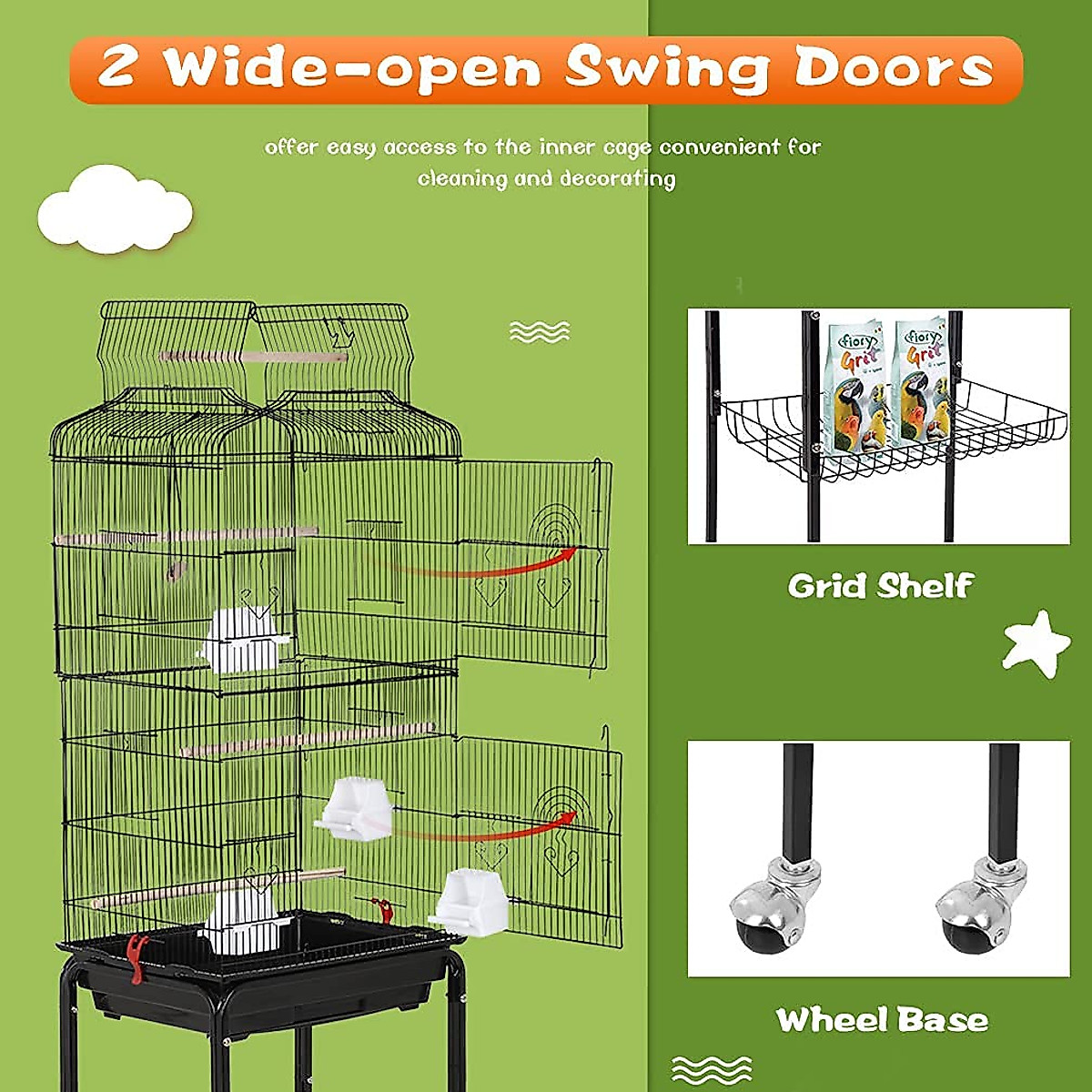BestPet 64 inch Wrought Iron Bird Cage for Parakeets Medium Small Parrots Parakeet Cage with Detachable Rolling Stand & Play Open Top for Cockatiels Lovebird Finches Canaries (Black)