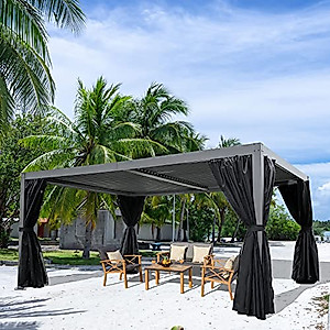 Domi Outdoor Living 12’ X 16’ Outdoor Louvered Pergola Aluminum Patio Garden Gazebo with Adjustable Roof for Backyard, Garden w/Curtains and Netting (Gray)
