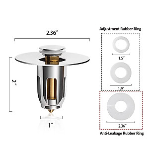 Westablize 2 Pack Universal Silver Bathroom Pop Up Sink Stopper with Basket, Sink Drain Plug for 1.02"-1.96" Drain Holes, Brass and Stainless Steel Sink Drain Stopper