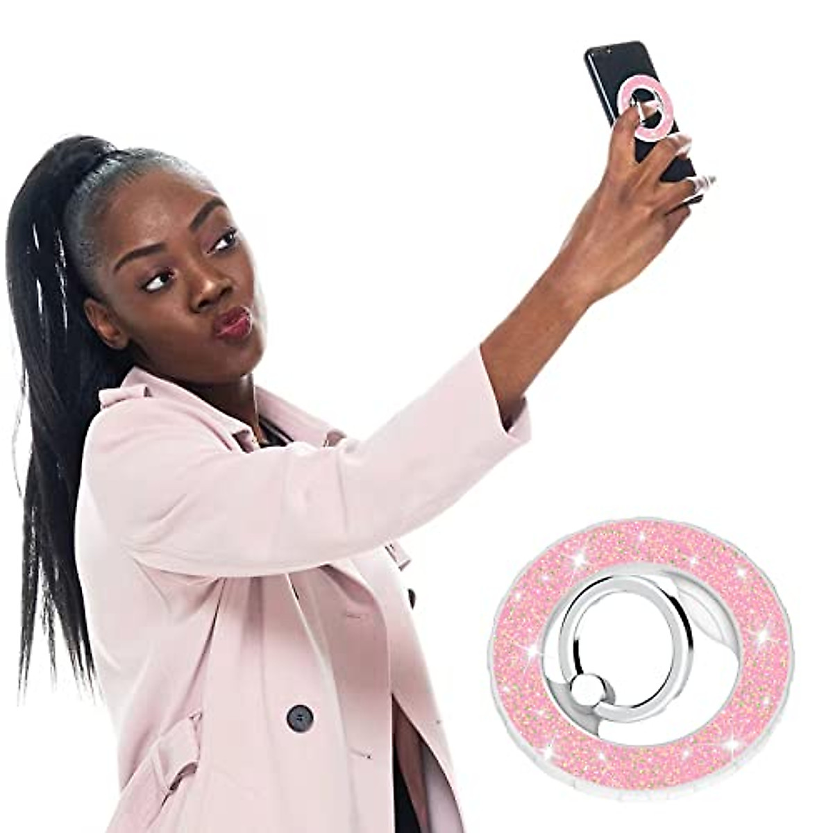 ROMSEA Magnetic Phone Ring Holder Stand, Adjustable Finger Ring Grip Collapsible Kickstand Compatible with for iPhone 14 13 12 Mag Safe Case Removable for Wireless Charging, Pink…