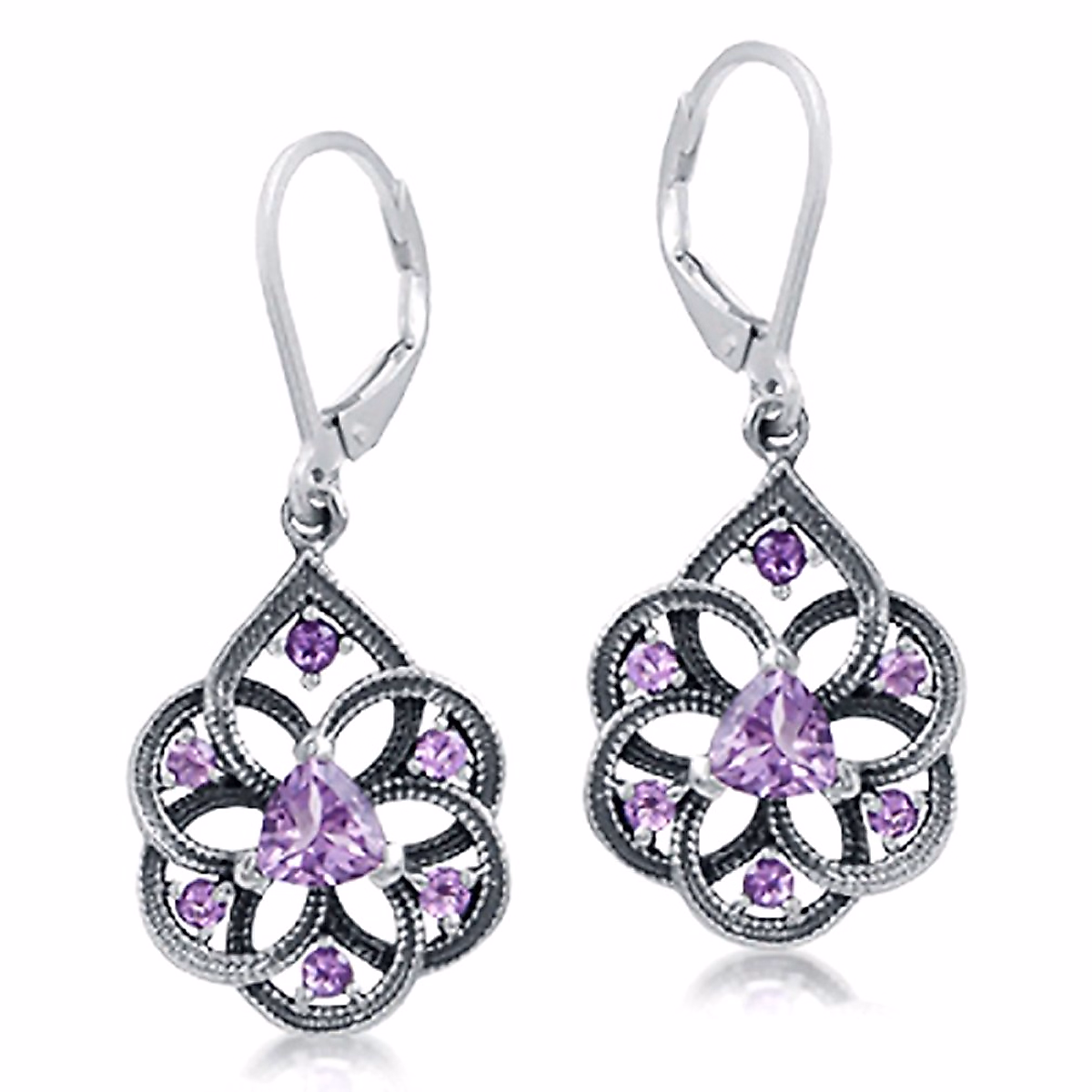 Silvershake Natural Amethyst 925 Sterling Silver Filigree Dangle Drop Leverback Earrings