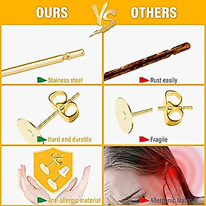 Earring Posts Stainless Steel, Flasoo 1200Pcs Hypoallergenic Earring Posts and Backs, Gold Flat Pad Earring Studs with Clutch for Earring Making and DIY Stud Earring Supplies