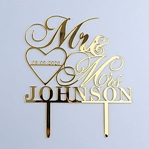 Personalized Mr & Mrs Cake Topper for Wedding,14 Colors Customized Wedding Date And Last Name To Bride and Groom,Rustic Wedding Anniversary Cake Topper
