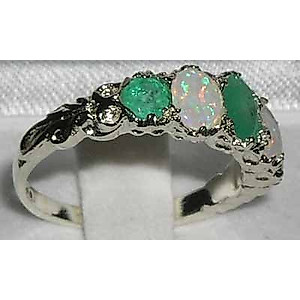 LetsBuyGold 925 Sterling Silver Natural Emerald and Opal Womens Promise Ring - Size 5.5