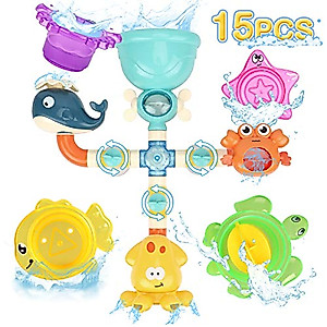 GILOBABY 15 PCS Baby Bath Toys, Animal Spinning Gear Toddler Bath Time Sensory Development Toy Set with Stacking Cup, Attaches to Any Size Tub Wall, Ideal Educational Toys for Child