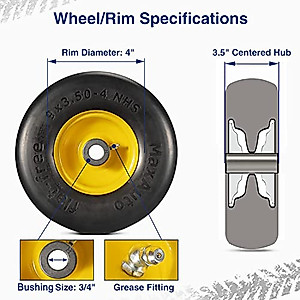 MaxAuto 2PCS 9x3.50-4" Flat Free Lawnmower Tire on Wheel, 3.5" Centered Hub, 3/4" Bushings(Universal Adapter Kit Include: 2pcs 5/8" Sintered Iron Bushings, 2pcs 1/4" Nylon Spacers, 4pcs Steel Washers)