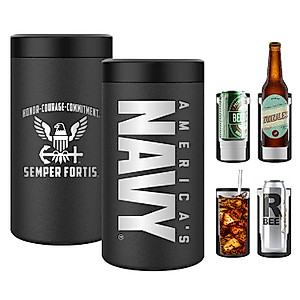 Navy 4 in 1 Insulated Can Cooler, Stainless Steel Double-Walled Insulator for 12 oz Standard or Skinny Slim Cans, 12 Oz Beer Bottles & Mixed Drinks – Gifts for Sailors