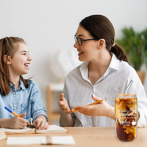 Gerrii 2 Pieces Teacher Gifts For Women Teacher Appreciation Gift Teacher Glass Cup 16 oz Drinking Glass Iced Coffee Glass Cup with Bamboo Lid and Straw