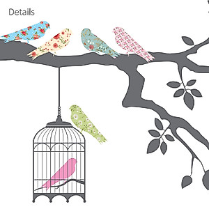 DECOWALL DW-1510 Birds on Tree Branch with Bird Cages Kids Wall Stickers Wall Decals Peel and Stick Removable Wall Stickers for Kids Nursery Bedroom Living Room (Grey) d?cor