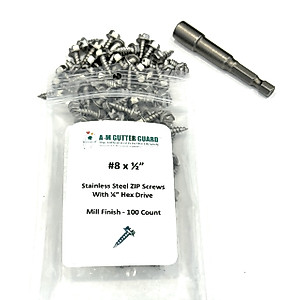 A-M Gutter Guard - Aluminum 5" (100 Feet, Mill Finish) with 100-1/2" #8 Stainless Steel Zip Screws - Includes 1/4" Magnetic Hex Driver