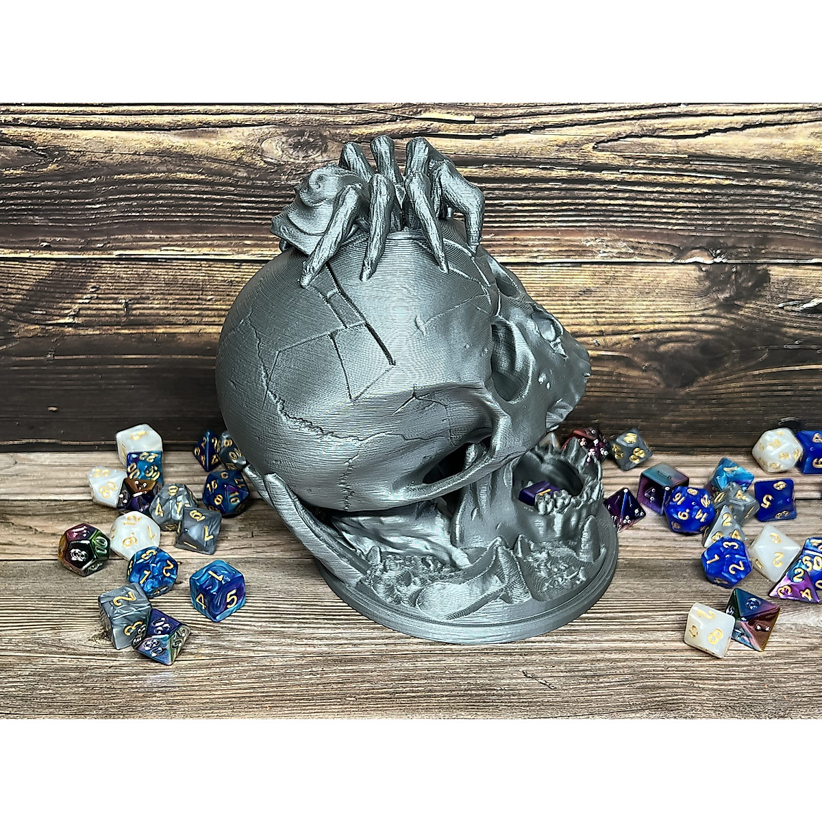 MunnyGrubbers - 6.5" Skull Dice Tower - (Random 7PCS D20 Dice Set Included) - No Paint Odorless Plastic - Tabletop Roleplaying Game - Dice Roller - Dungeons and Dragons - DND - D&D - (Silver)