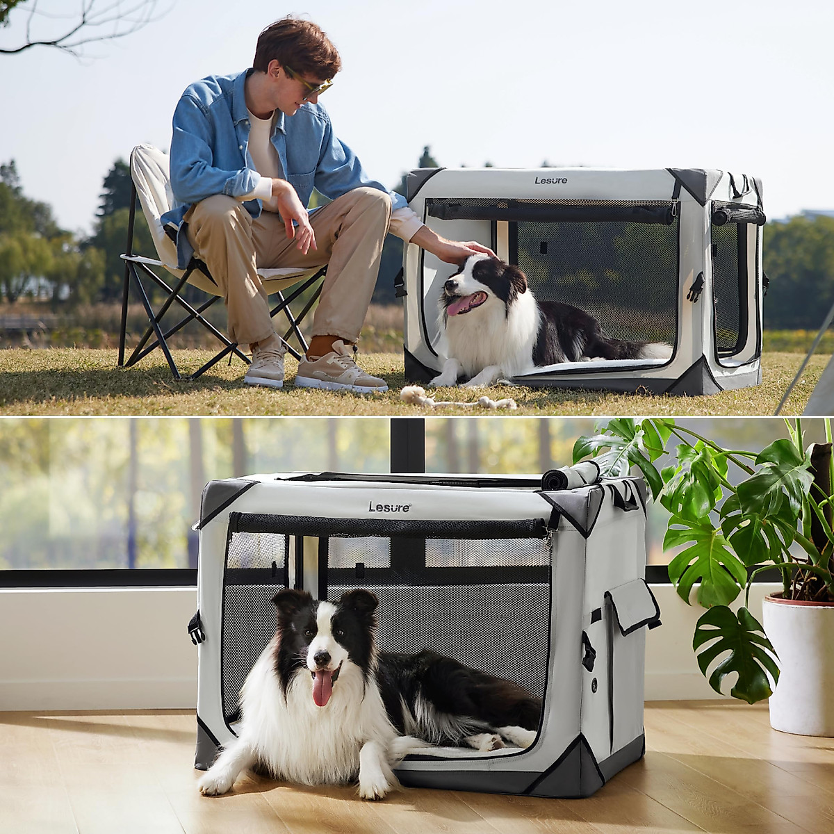Lesure Collapsible Dog Crate - Portable Travel Kennel for Large Dog, 4-Door Pet Crate with Durable Mesh Windows, Indoor & Outdoor, Light Gray