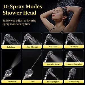 High Pressure 10-mode Handheld Shower Head Set with 60" Hose, ROOSSI Detachable Filter Shower Head with ON/OFF Pause Switch Built-in 2-Mode Tub & Tile Power Wash (Chrome）