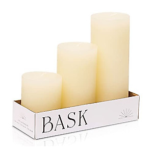 BASK Mottled Pillar Candles - Unscented Ivory Pillar Candles Set of 3 - Dripless Large Candles Pillar - Smokeless Ivory Pillar Candles for All Occasions