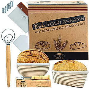 Shori Bake Bread Banneton Proofing Basket Set of 2 Round 9 Inch & 9.6 Inch Oval + Sourdough Bread Making Tools Kit, Baking Gifts for Bakers, Liner, Bread Lame, Bowl & Dough Scraper, Danish Dough Whisk