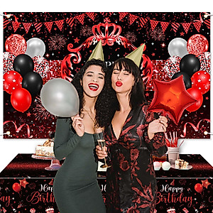 Lecheme Red and Black Birthday Decorations Happy Birthday Backdrop 66 Pcs Balloons Set Red and Black Birthday Party Supplies for Men Women Red Party Decorations for Birthday