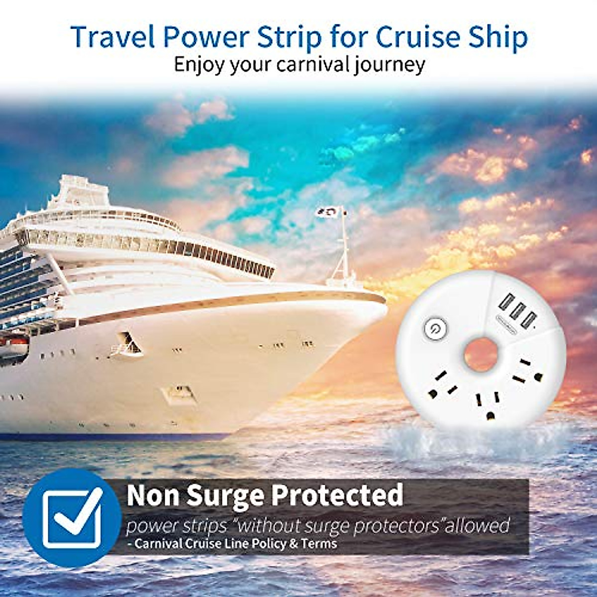 Travel Power Strip with USB Ports, NTONPOWER Cruise Approved Power Strip with 3 Outlet 3 USB, 5 ft Extension Cord with USB Ports, Compact for Indoor Home Office Dorm Room Cruise Essentials, White