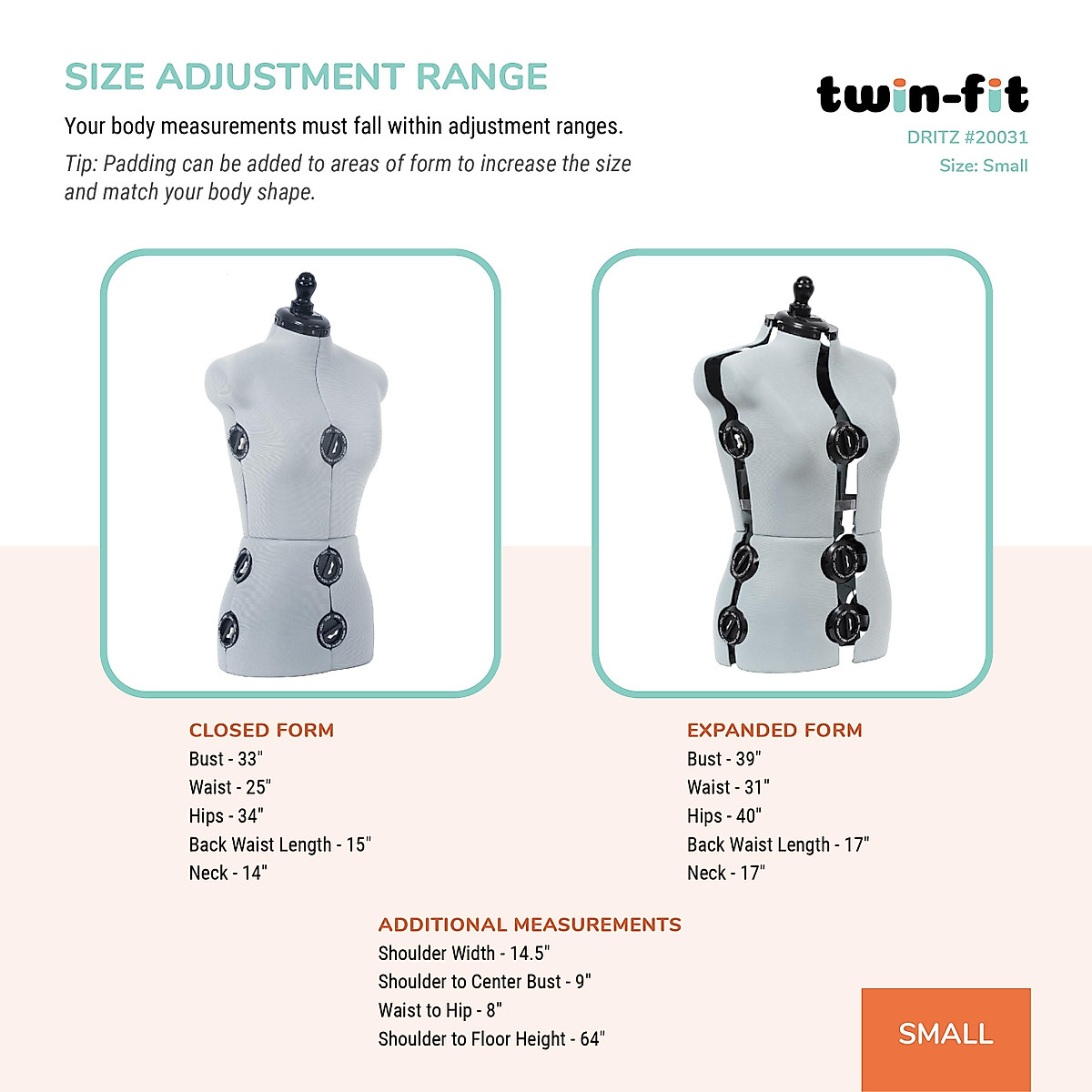 Dritz Twin-Fit Adjustable Dress Form, Small, Silver Gray
