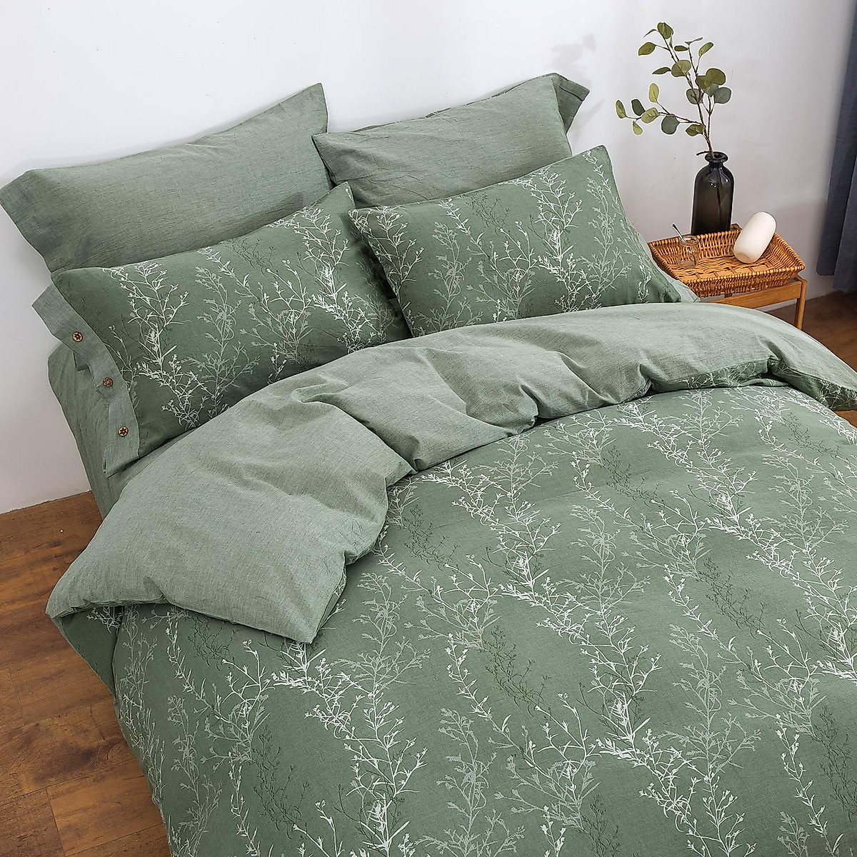 OREISE Duvet Cover Set King Size Washed Cotton Yarn, Jacquard Green and White Thin Branch Pattern Floral Style 3Piece Bedding Set