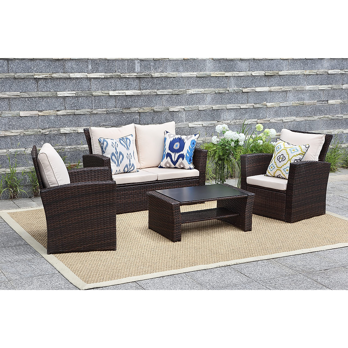 Solaste 4 Piece Patio Outdoor Furniture Sets,Patio Conversation Sofa Wicker Chair with Cushion,Hand Woven Rattan Sofa for Porch Backyard Outside Garden Lawn Yard,Brown