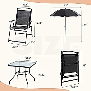 Vongrasig 6 Pieces Folding Patio Dining Set, All Weather Small Metal Outdoor Table and Chair Set, Garden Patio Furniture Set w/Umbrella, Glass Table & 4 Folding Chairs for Lawn, Deck, Backyard, Black