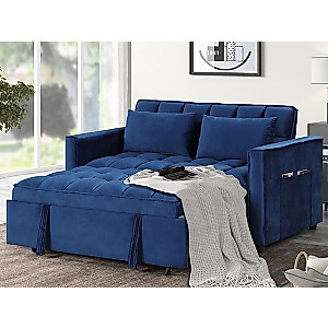 EBELLO 3 in 1 Convertible Sleeper Sofa Bed, Modern Velvet Loveseat Futon Couch Pullout Bed with Side Storage Pockets & Pillows, Small Love Seat Lounge Sofa Bed for Small Space, Living Room