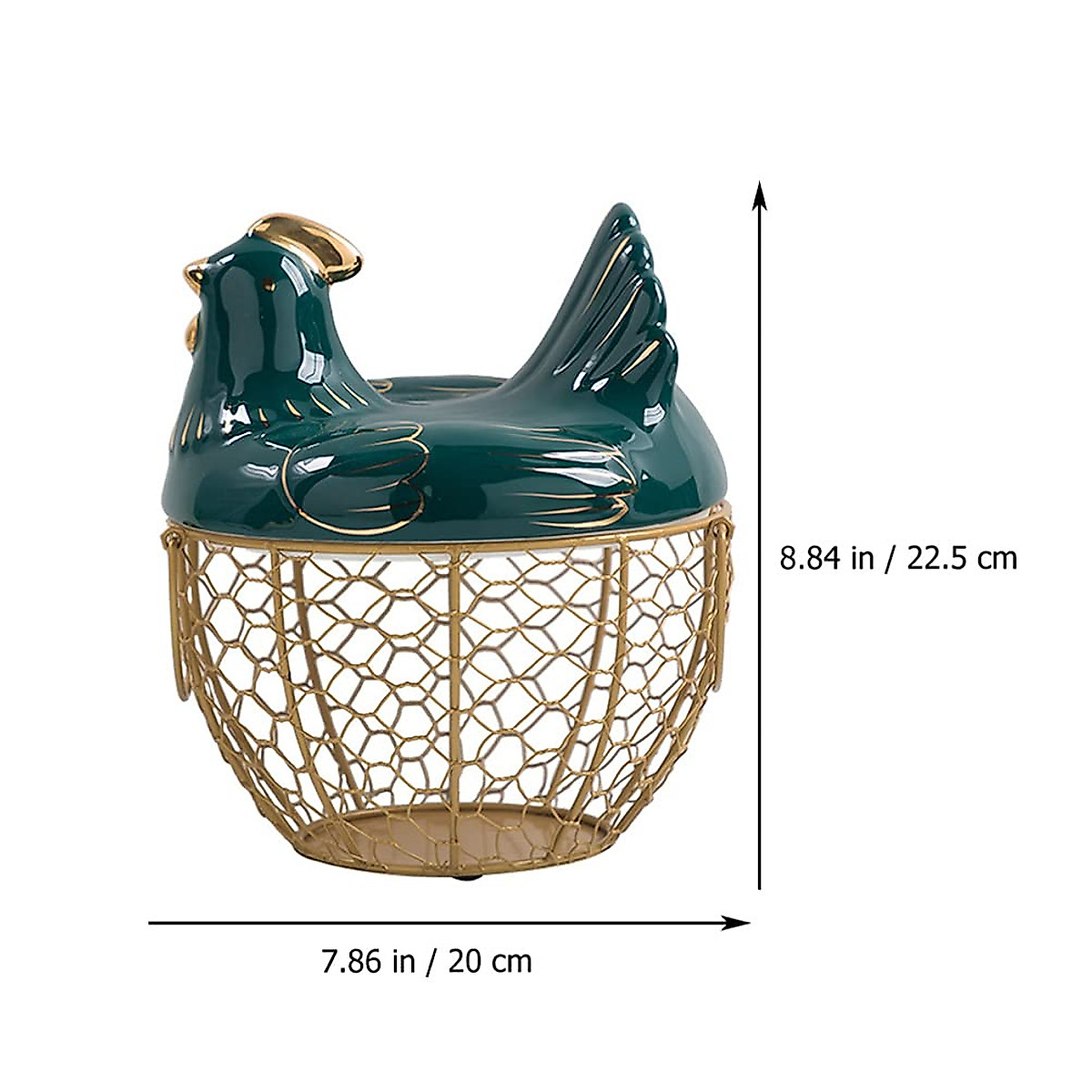 Hemoton Metal Wire Egg Basket Chicken Egg Storage Skelter Basket with Ceramic Farm Chicken Cover Egg Holder Organizer Container