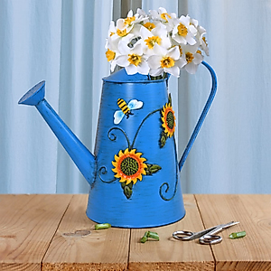 Westcharm Decorative 2.5 Liter Large Blue Sunflower & Bee Metal Watering Can (10 Cups | 80 OZ) | Home Garden Décor Housewarming Gift for Mother Women Friends Gardeners Plants Lovers